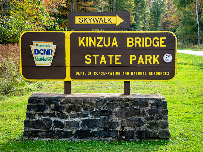 Your adventure starts here. The park's distinctive signage welcomes visitors to one of Pennsylvania's most unique outdoor experiences.