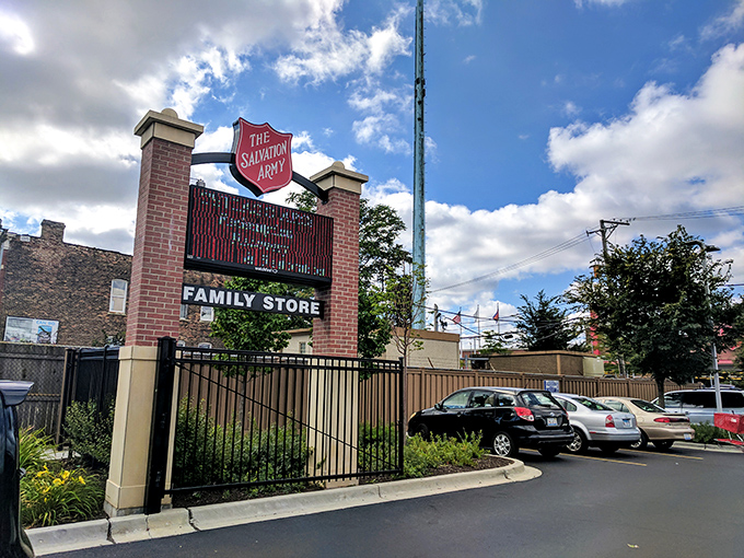 The outdoor signage stands sentinel in the parking lot, a beacon for those seeking both bargains and the satisfaction of supporting a cause.