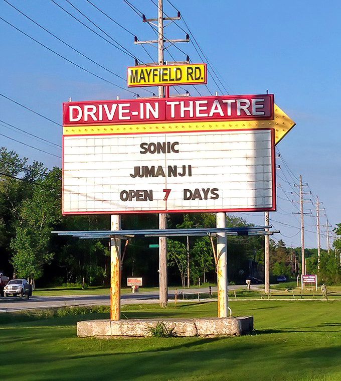 The vintage marquee proudly announces current features, a beacon for film fans seeking that authentic drive-in experience.