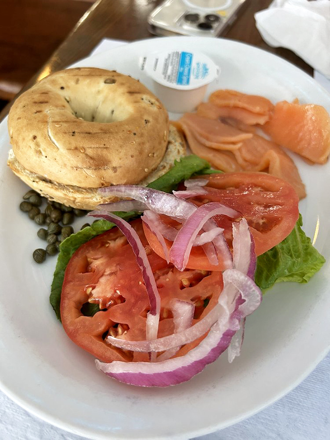 The smoked salmon bagel plate&mdash;where Ocean City meets New York. Those capers and red onions aren't just toppings, they're flavor exclamation points.