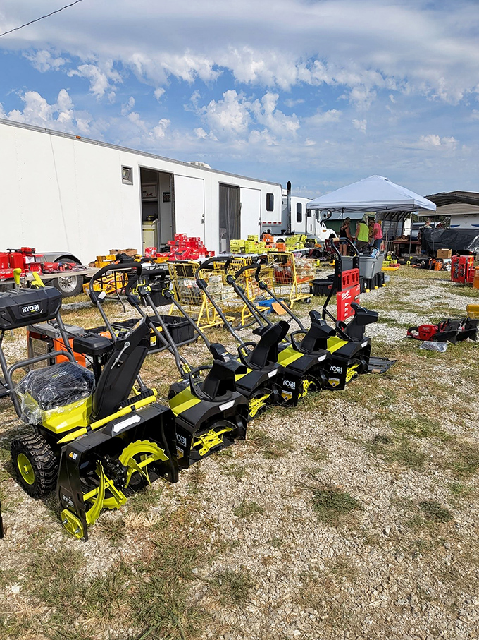 Yellow soldiers lined up for winter battle. These snow blowers wait patiently for homes where driveways need rescuing from Missouri's unpredictable winter moods.