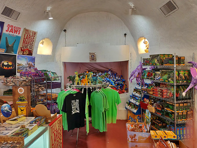 Inside Dinny's belly, the gift shop offers everything from dinosaur t-shirts to prehistoric puzzles &ndash; shopping has never been quite so evolutionary.
