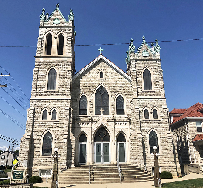 St. Patrick Church reaches skyward with twin stone towers that have witnessed generations of weddings, baptisms, and Sunday-best outfits.