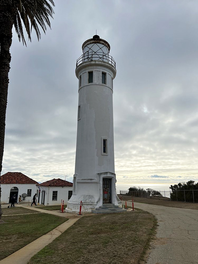 Moody skies frame the sentinel of the sea. Even on cloudy days, this lighthouse brings its own kind of sunshine to visitors.