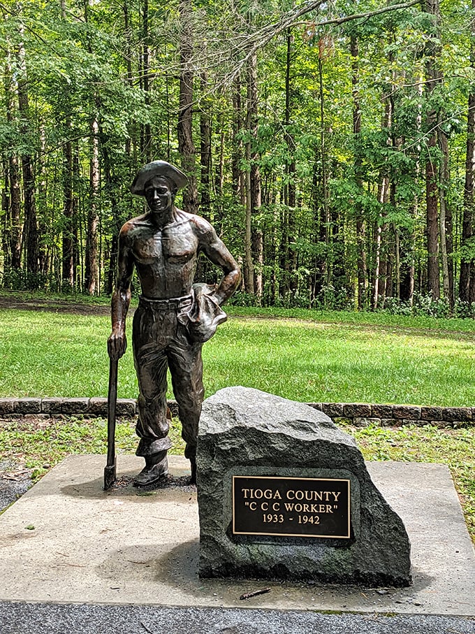 This bronze CCC worker stands as testament to the hands that built these parks, turning wilderness into accessible wonder without sacrificing either.