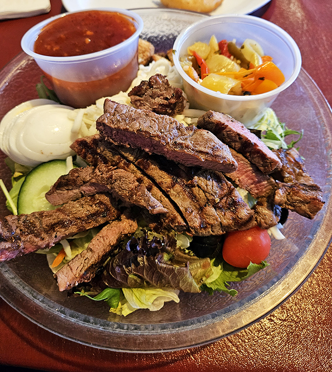 When a steak salad looks this good, even dedicated carnivores won't mind the greens. It's like the salad is just the stage for the meat's performance.