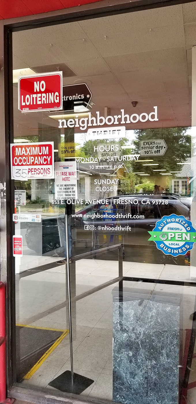 The front door reveals the rules of engagement. Senior day discounts and color-coded sales make the thrifting game even more rewarding.