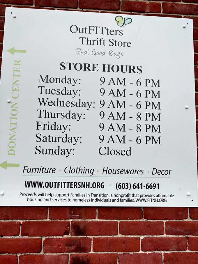 The store hours sign reveals the secret schedule of when to hunt for treasures&mdash;and reminds us of the nonprofit mission behind the bargains.