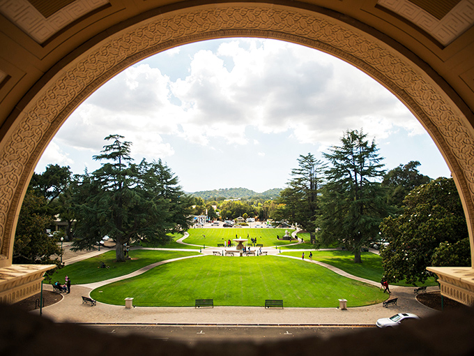 The Sunken Gardens viewed through City Hall's grand arch frames the perfect picture of what $2,000 a month buys you: actual breathing room.
