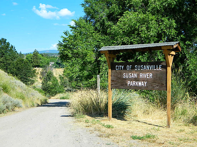 The Susan River Parkway sign marks the trailhead to adventures along waterways that have shaped both landscape and community for centuries.