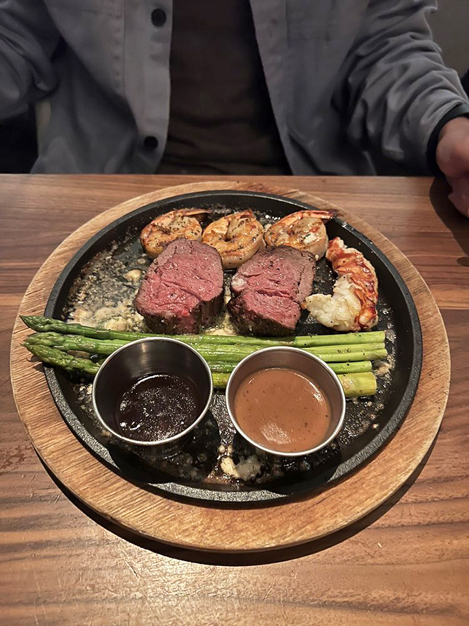 The Symphony Kabob brings together steak, shrimp, and asparagus like the culinary Avengers. Heroic flavors with accompanying sauce sidekicks.