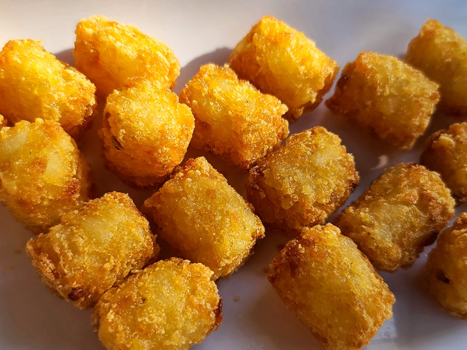 Tater tots that achieved the golden-brown perfection we've all been chasing since elementary school – crispy outside, fluffy potato clouds inside.