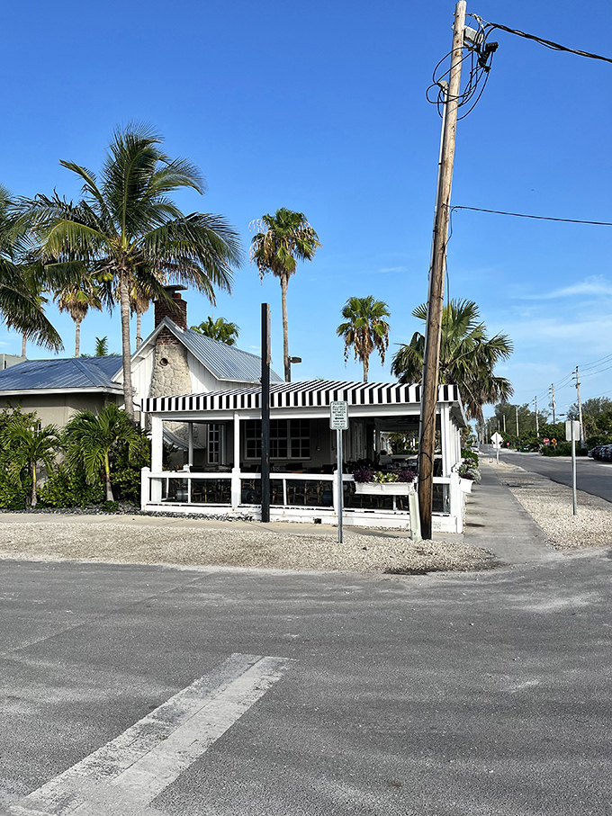 Palm trees frame this classic island eatery, where black and white awnings signal serious food in an unserious setting.