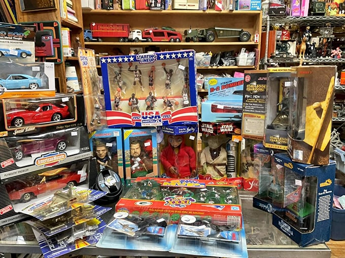 Childhood memories boxed and preserved &ndash; Star Wars figures stand at attention alongside vintage cars, waiting for collectors or second-generation playdates. 