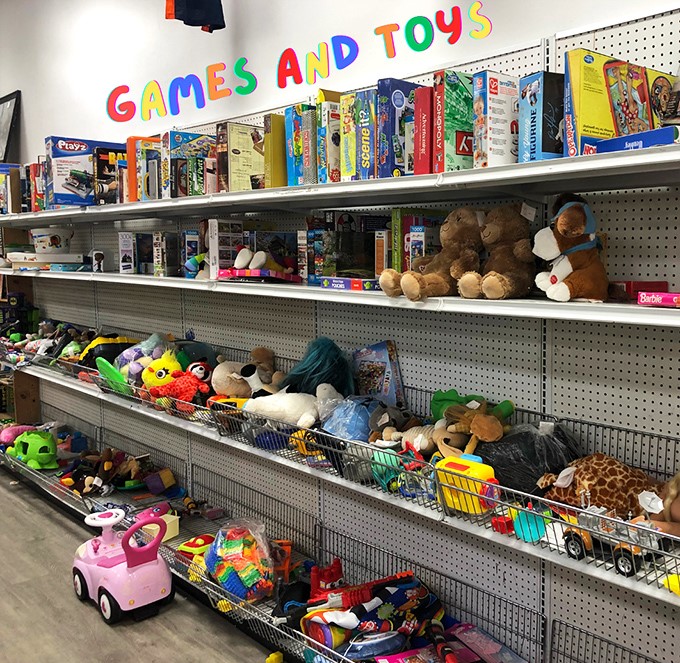 The toy section, where childhood nostalgia sits on shelves waiting to create new memories with a second generation of imaginative minds.