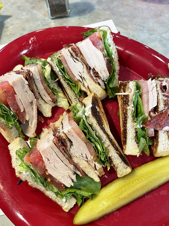 A club sandwich built like a skyscraper of flavor, with layers so perfect they could teach architecture classes.