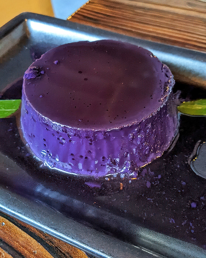The ube flan&mdash;purple royalty on a humble metal plate. This Filipino twist on a classic dessert is what Prince would eat if he were still with us.