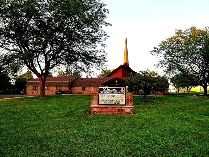 The steeple of this historic church reaches skyward, a spiritual landmark in a town where faith communities provide both meaning and social connection.