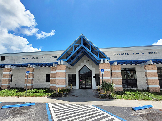 Even Clewiston's post office embraces Florida style with its distinctive blue roof &ndash; because mail delivery deserves architectural personality too.