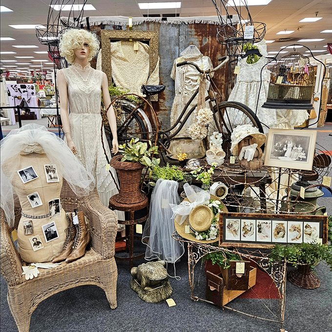 A vintage wedding display that captures romance across the decades, complete with the bicycle that time forgot.