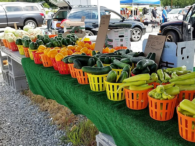 Nature's color palette on display! These vibrant vegetables bring farmers' market freshness to the flea market experience&mdash;proof that not all treasures are vintage.