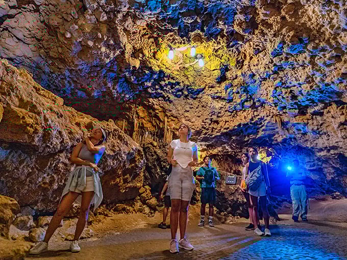 Looking up in awe at nature's cathedral ceiling. Tour guides help visitors appreciate the intricate details of these ancient limestone formations.