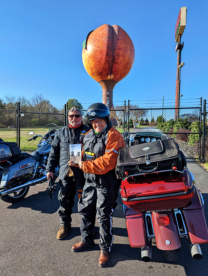 Motorcycle enthusiasts make the Peachoid a regular stop on their road trips &ndash; proving its appeal transcends all transportation preferences.