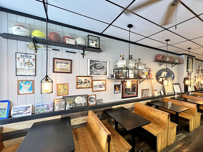 The walls tell stories of Akron's history through memorabilia and sports relics, creating an atmosphere that's part deli, part museum, all comfort.