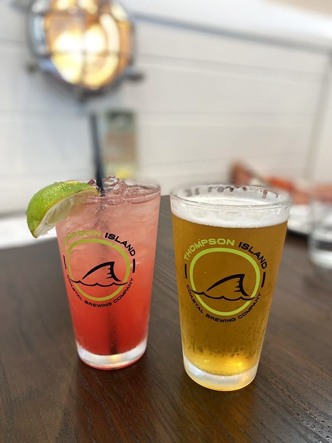 Cocktails and craft beer&mdash;because nothing says "I'm on vacation" quite like a watermelon drink with a lime hat and a golden brew companion.
