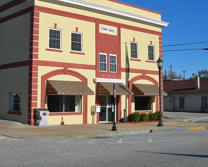 Another angle of Town Hall reveals its stately presence on the corner, anchoring the community with understated dignity.