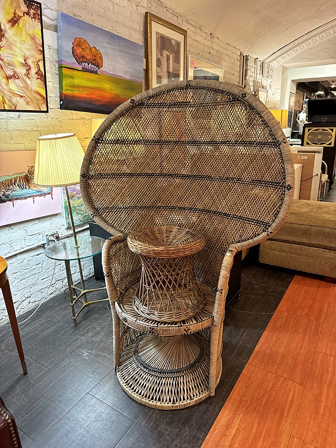 That iconic peacock chair screams 1970s glamour louder than any disco ball ever could dream.