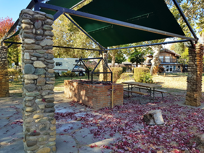 Willow Point's picnic area combines stone craftsmanship with autumn colors in a scene that practically begs you to linger over coffee and conversation.
