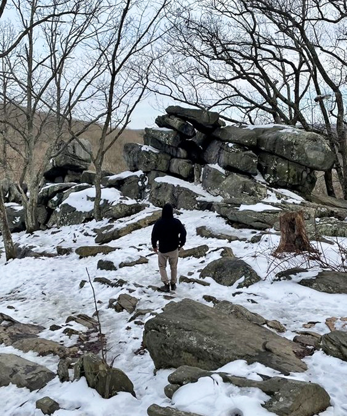 Winter transforms the park into a serene wonderland. Snow-dusted rocks create a monochromatic masterpiece that rivals any art gallery.