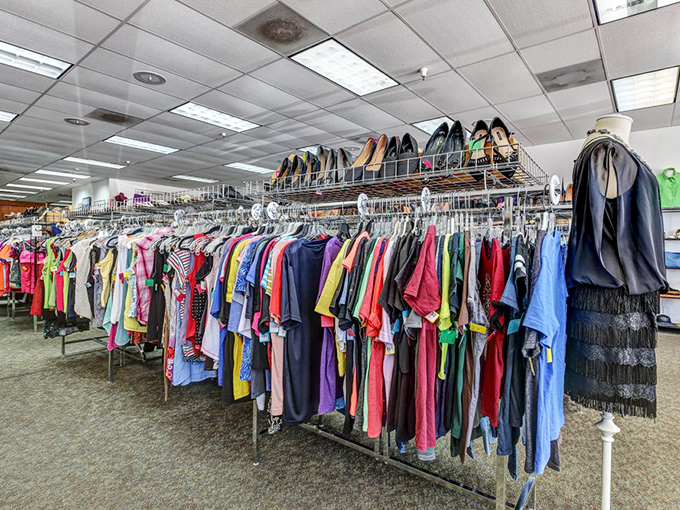 The women's clothing department: organized by color and ready for browsing. Those shoes up top are playing the "pick me, pick me" game.
