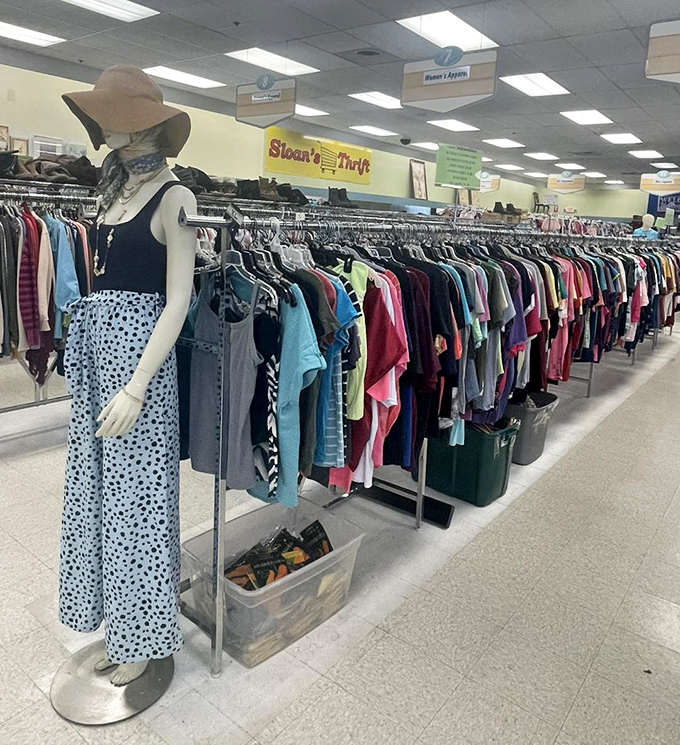 Fashion on display with a mannequin sporting the latest in thrifted resort wear. Those polka dot pants are ready for their second act.
