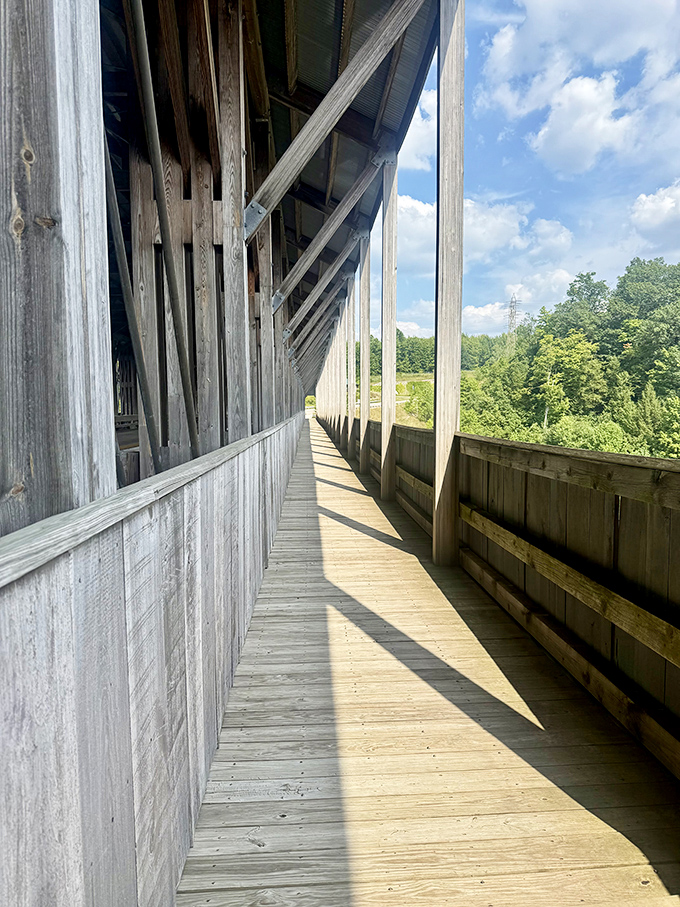 Sunlight creates natural spotlights along the pedestrian walkway. Every board has witnessed countless footsteps and whispered conversations.
