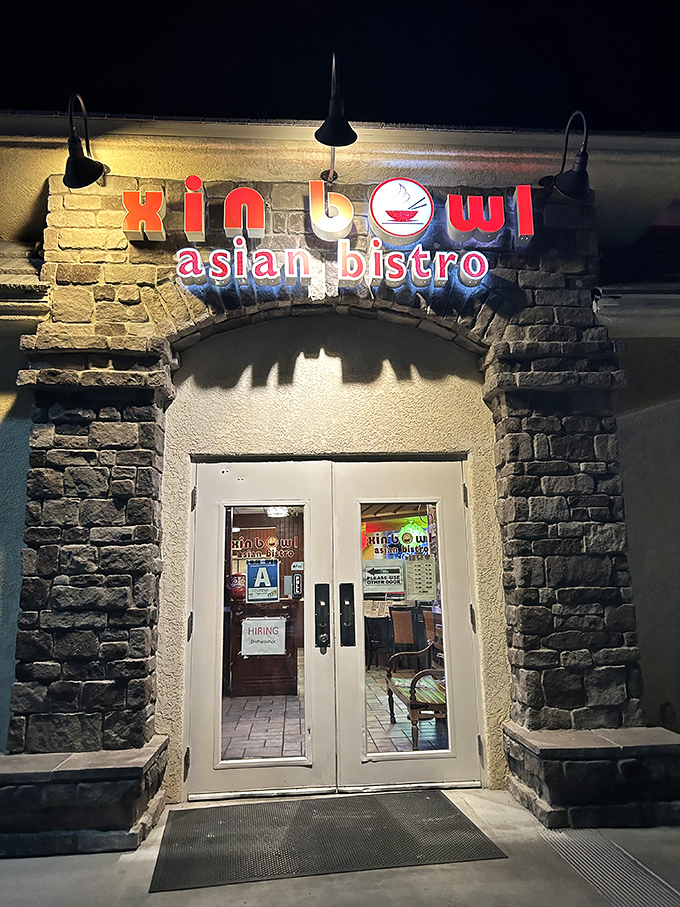 Xin Bowl Asian Bistro lights up the night with its welcoming glow, proving great culinary diversity thrives even in remote desert communities.