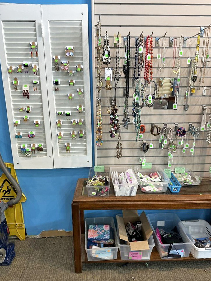 Jewelry and accessories displayed with care. Someone's once-beloved baubles waiting for their second act—at prices that feel almost like a happy accident.