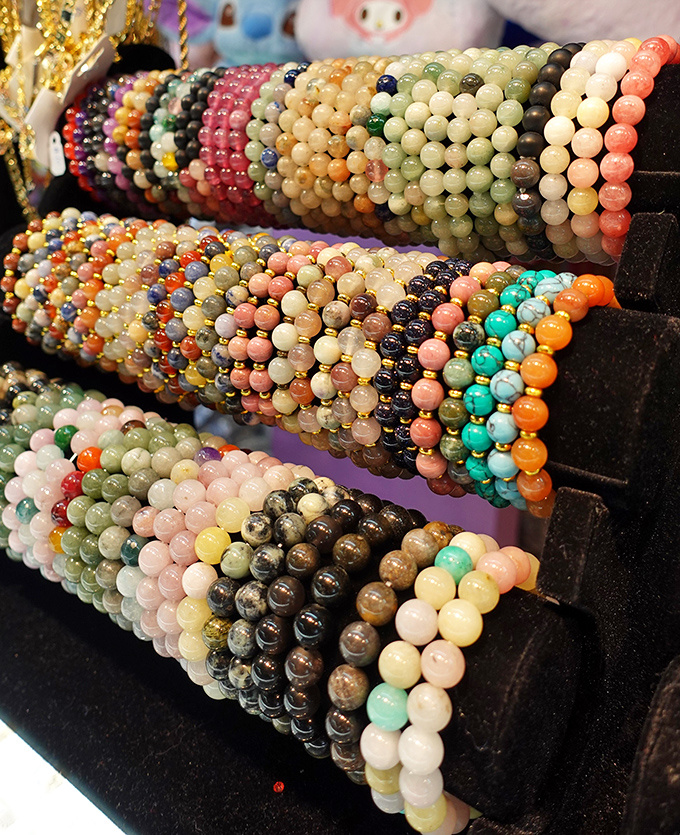 Beaded bracelets in every color nature invented (and some it didn't). Accessorizing has never been so gloriously overwhelming.