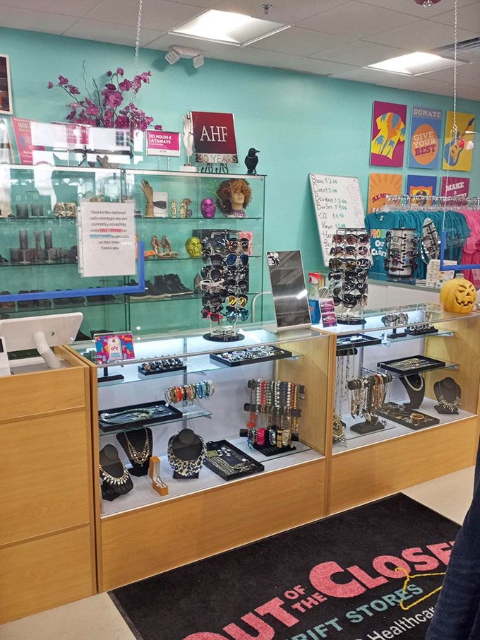 Jewelry and accessories sparkle behind glass cases, offering statement pieces that won't require a statement from your accountant.