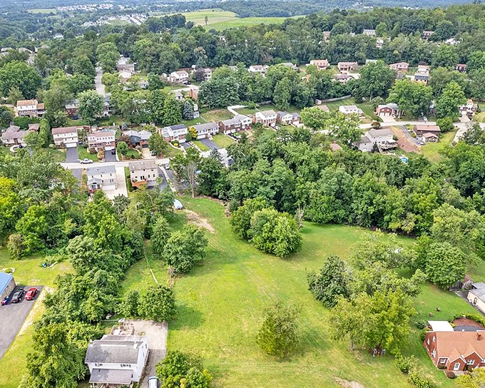 An aerial view of Saltsburg reveals how perfectly the town nestles into Pennsylvania's rolling landscape, like it was always meant to be there.
