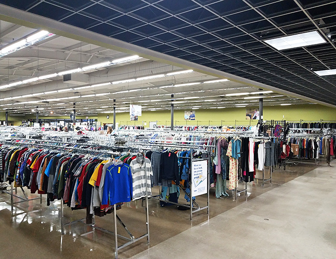 An ocean of clothing racks stretches to the horizon, promising that perfect find hiding between a stranger's castoffs.