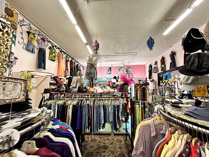 Racks upon racks of possibility. Each hanger holds not just clothing, but potential new versions of yourself waiting to be discovered.