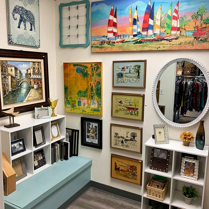 An art gallery where everything's for sale. That sailboat painting is practically begging to brighten someone's bathroom wall.