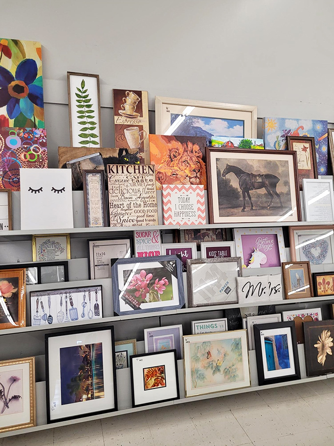 Wall art for every taste lines these shelves like a gallery where admission is free and taking pieces home is encouraged.