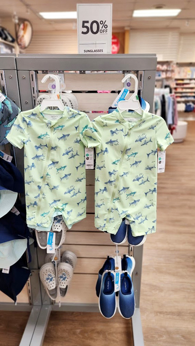 Adorable shark-patterned outfits for the little ones. Beach-ready fashion that's both cute and practical for Florida's tiniest residents.