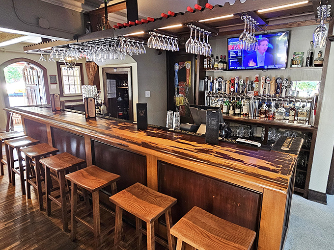 The bar beckons with the promise of perfectly poured German beers and spirits &ndash; a wooden altar to Bavarian brewing traditions.
