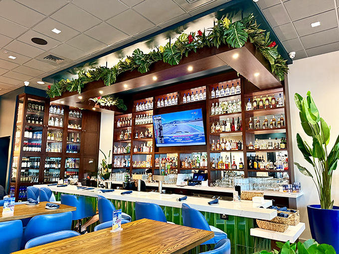 The bar area showcases an impressive spirits collection beneath tropical greenery—like drinking in a stylish jungle where rum flows freely.