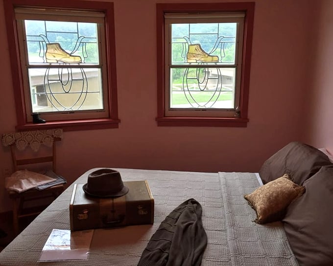 Twin stained glass boots frame the view, reminding you that you're living inside footwear's wildest dream.