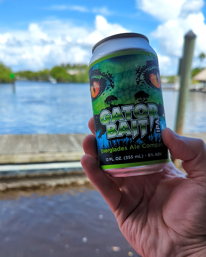 "Gator Bait" beer against a backdrop of Everglades waters. When your beverage matches the local wildlife, you know you're in the right place.